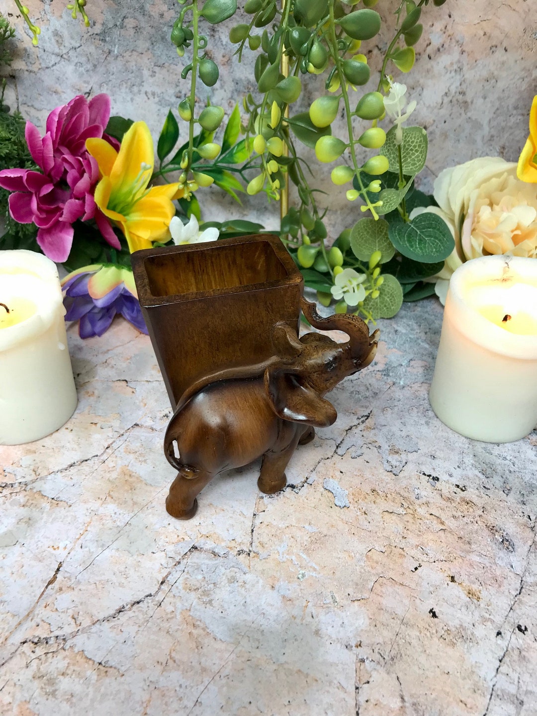 Wood Effect Elephant Pen Holder Pen Pot Container Desk Tidy Office ...