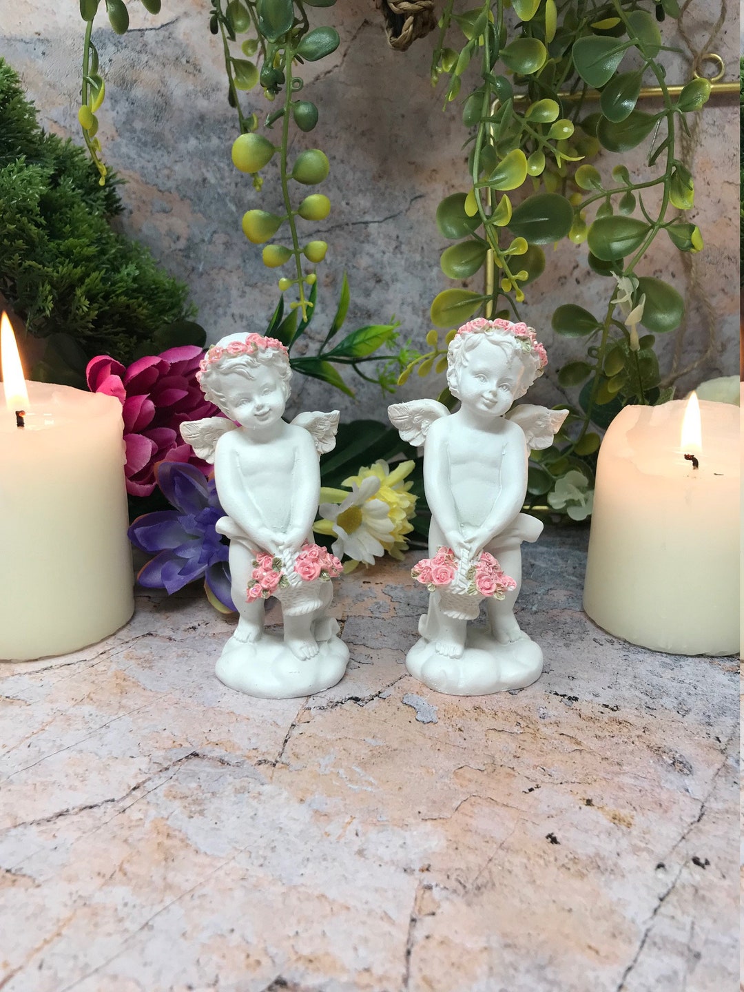 Pair of Guardian Angel Cherub Statue With Flower Accents - Etsy