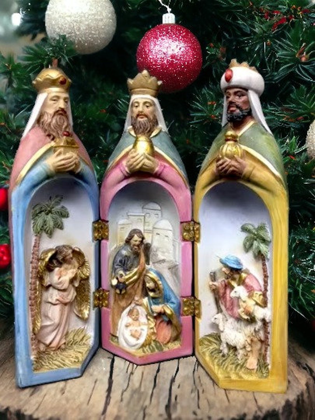 Handcrafted Nativity Triptych Figurine Majestic Three Kings & Holy Family Scene, Spiritual ...