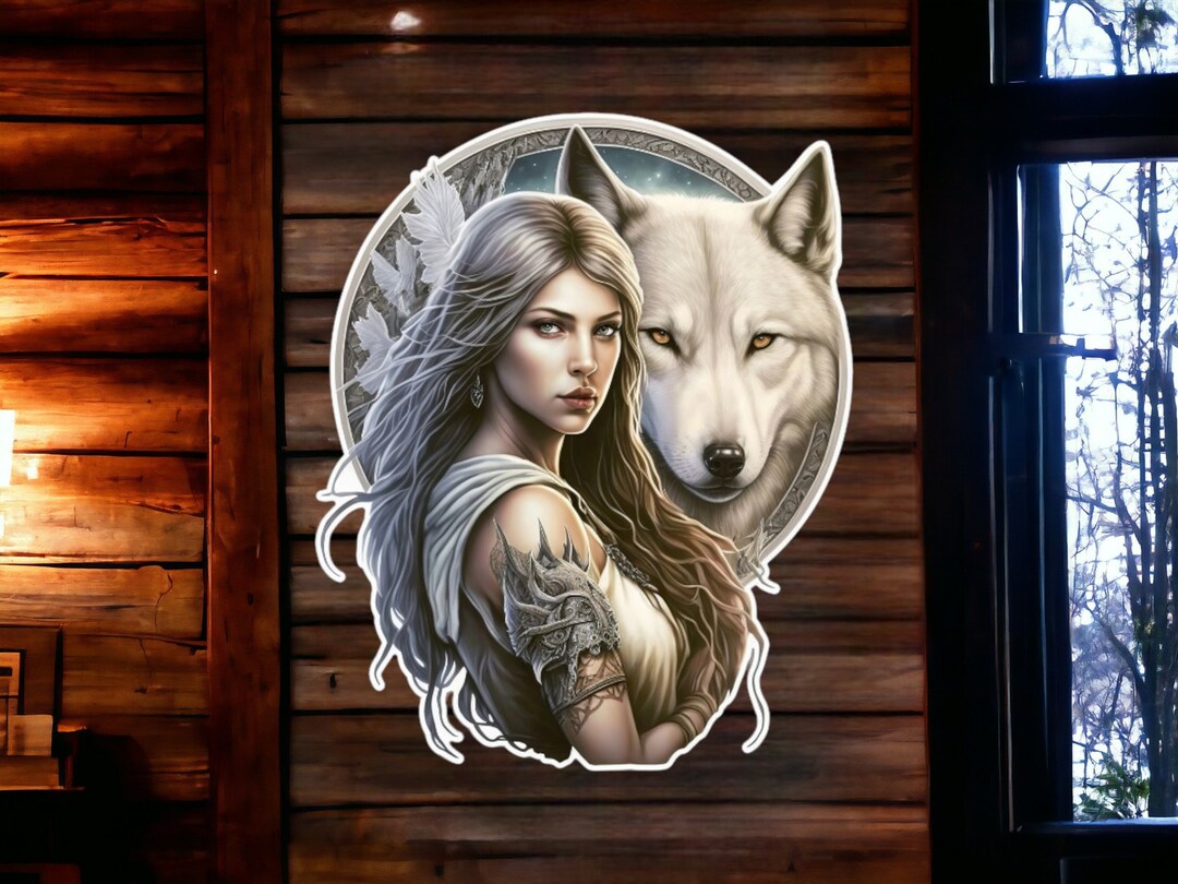 Enchanting Wolf & Warrior Woman Wall Art Mystical White Wolf Guardian ...