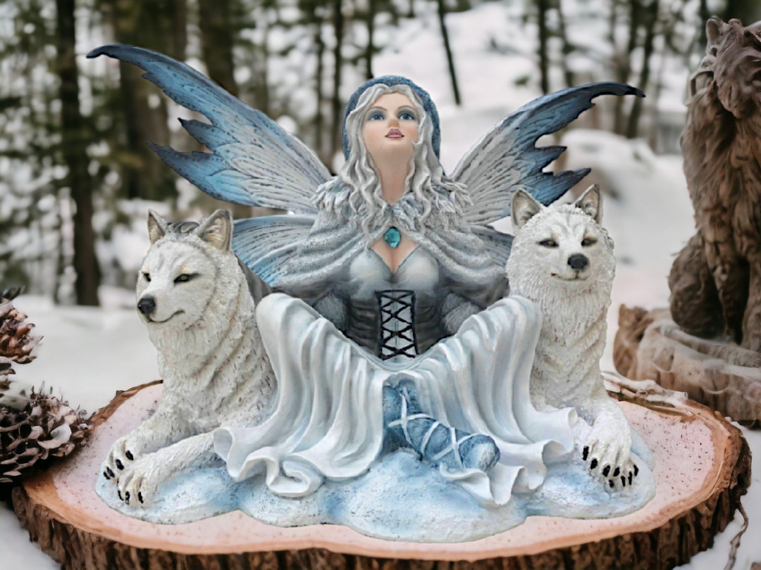 Winter Fairy With Wolves Statue Mystical Resin Sculpture Enchanted Ice ...
