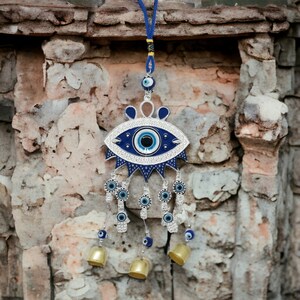 Evil Eye Wind Chime for Protection Blue Beaded Metal Hanging Decor 34cm ...