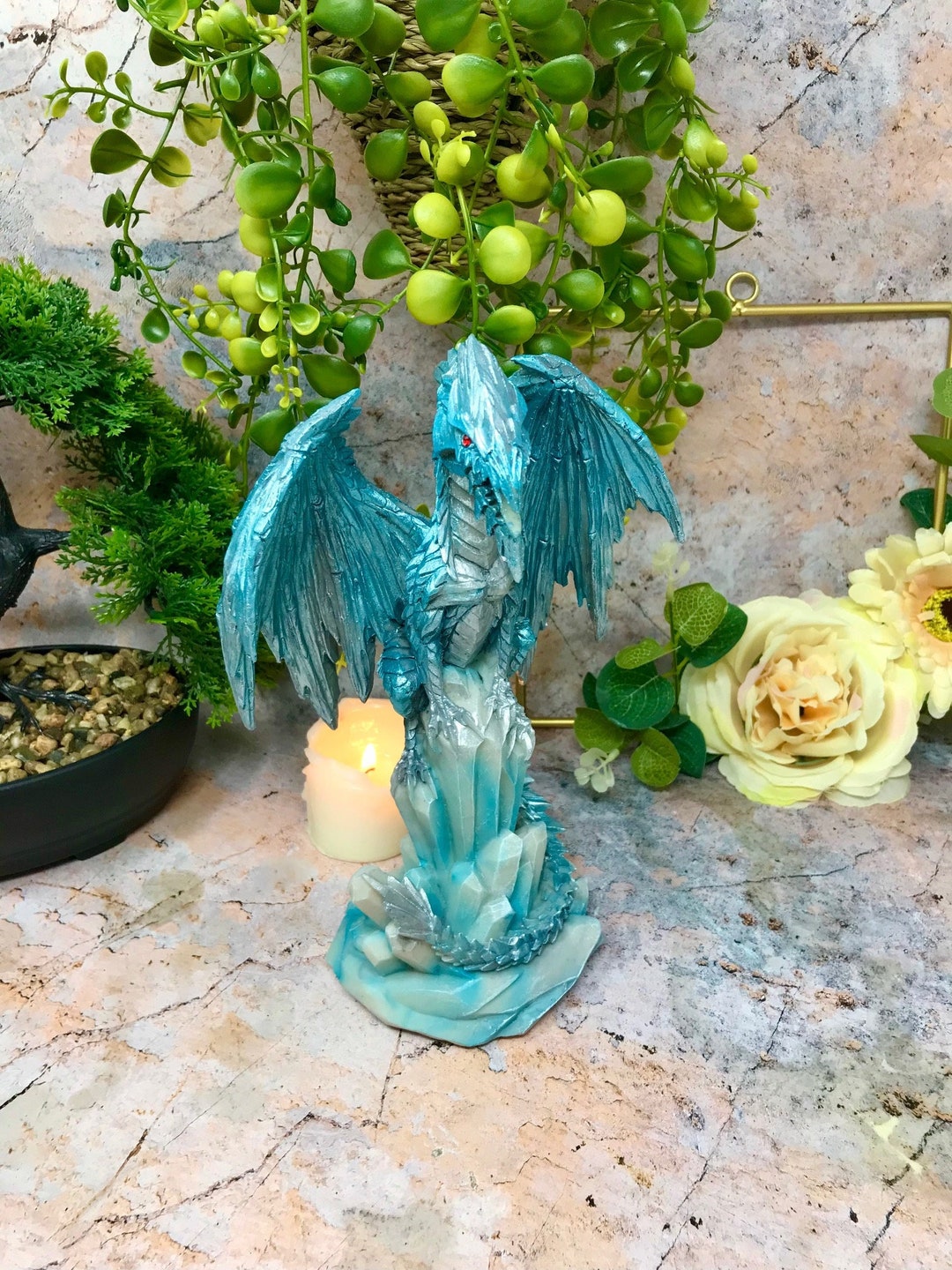 Ice Dragon Figurine on Crystal Pedestal Handcrafted Resin Mystical ...