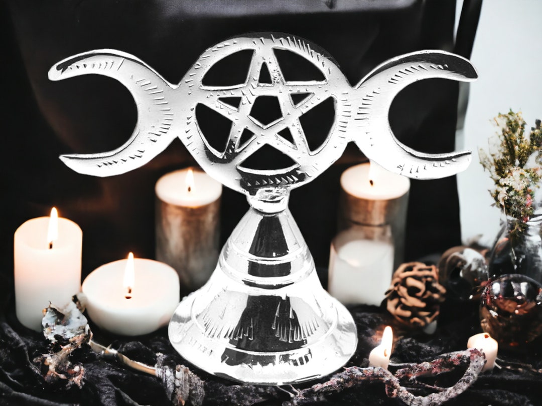 Silver Triple Moon Goddess Pentagram Bell Wiccan Altar, Pagan Ceremony ...