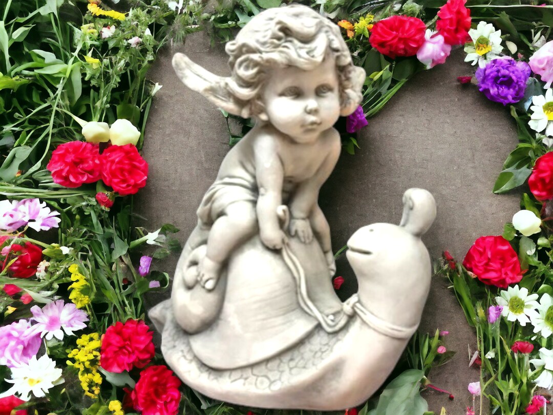 Cherub on Snail Garden Statue, Whimsical Resin Angel Sculpture, Durable ...