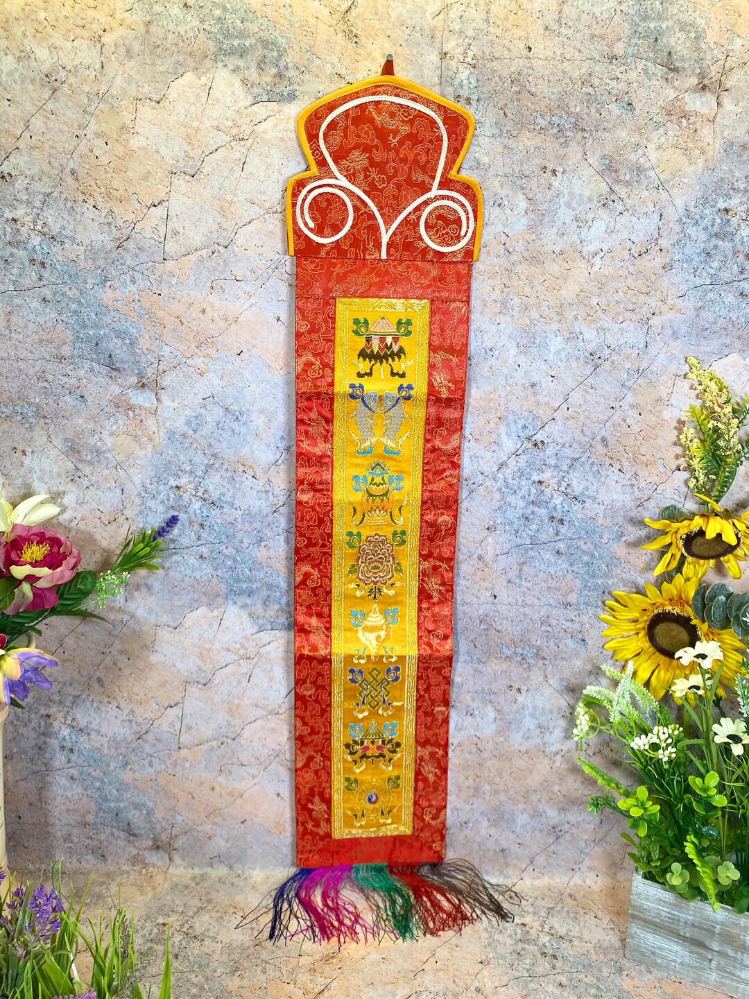 Tibetan Eight Auspicious Symbols Banner, Silk Brocade Wall Hanging ...