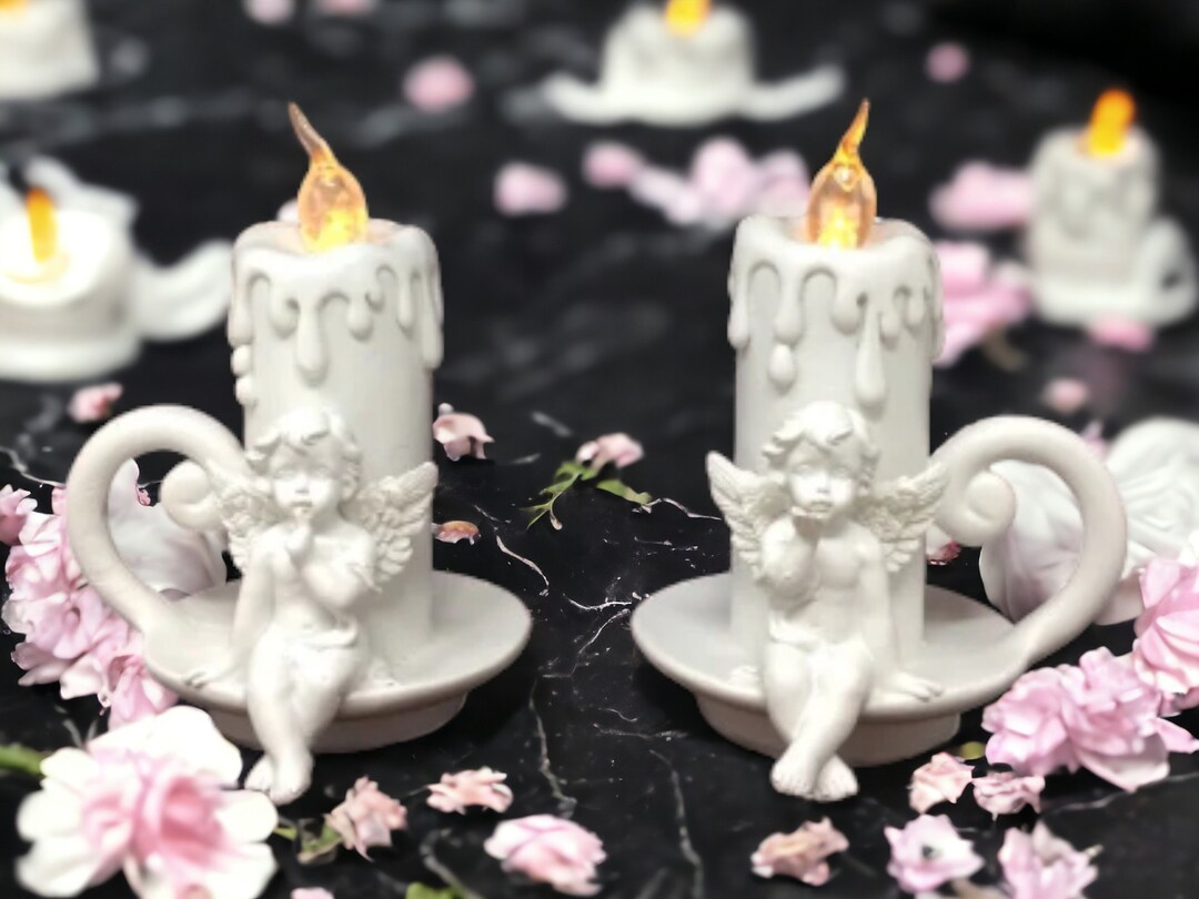 Guardian Angel Cherub LED Candle Holders, Pair of Serene Angels With ...