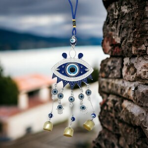 Evil Eye Wind Chime for Protection Blue Beaded Metal Hanging Decor 34cm ...
