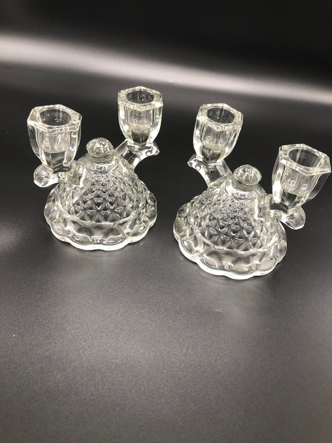 Pair of Double Glass Candlesticks - Etsy