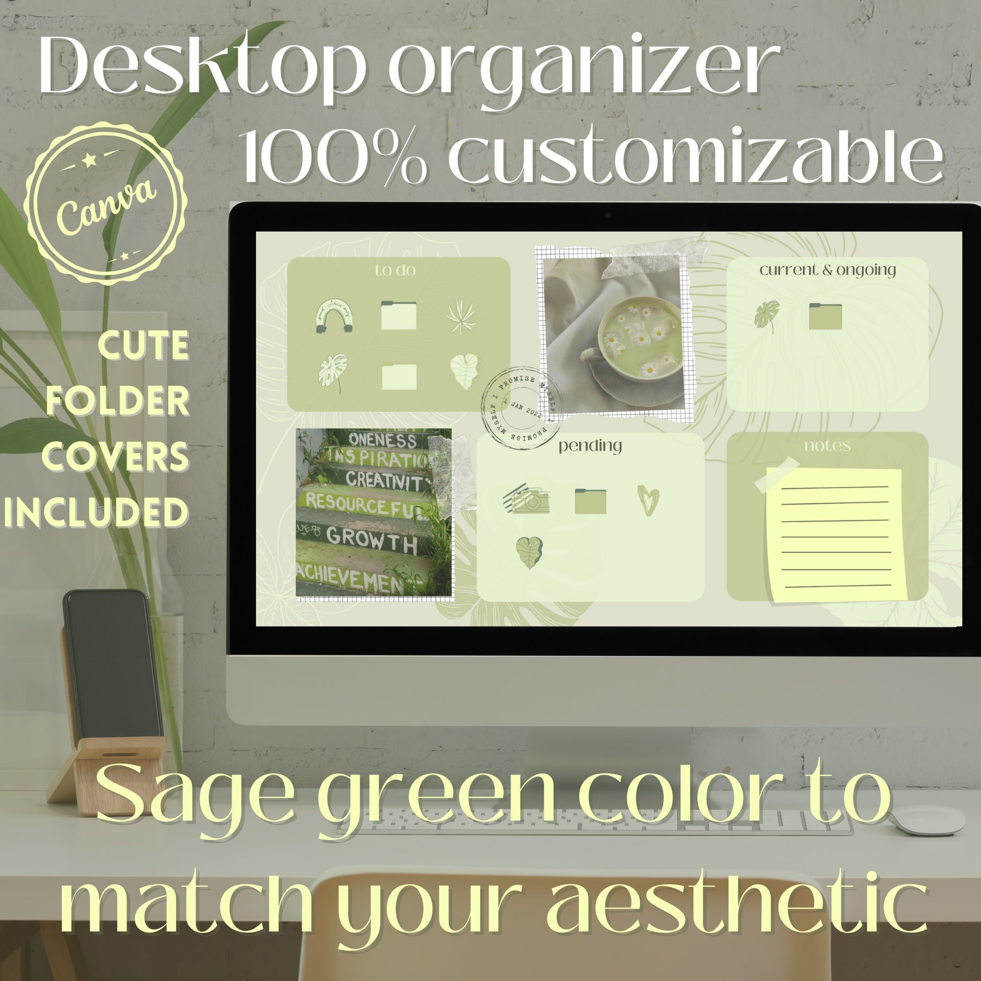 2022 Sage Green Desktop Organizer Bundle | Desktop Wallpaper, Folder ...