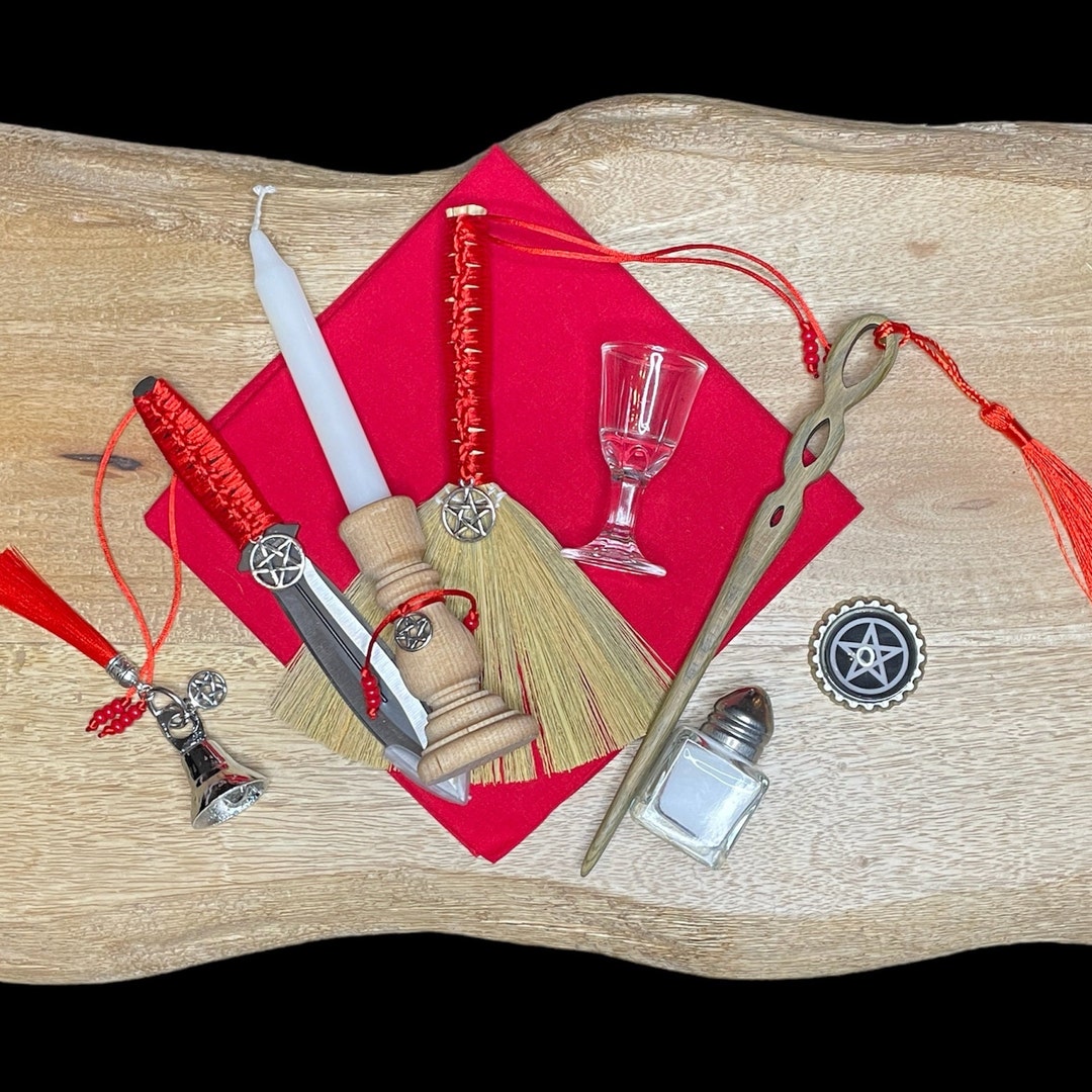 RED PENTACLE ALTAR Tools Set Nine Piece Elemental Witchcraft Wicca ...