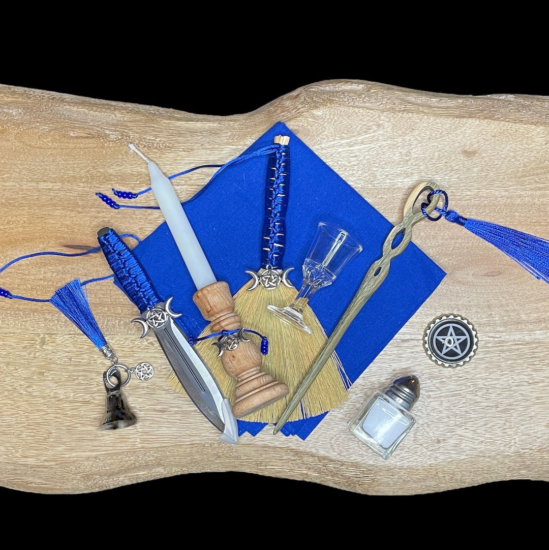 ROYAL Blue PENTACLE Triple Moon ALTAR Tools Set Nine Piece Elemental ...