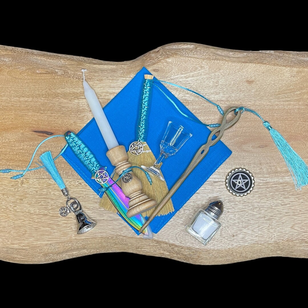 AQUA Blue PENTACLE ALTAR Tools Set Nine Piece Elemental Witchcraft ...