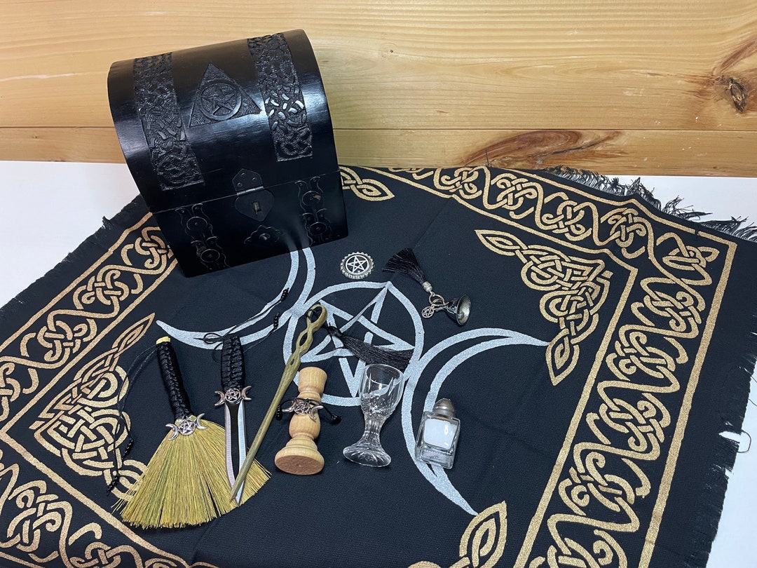 Triple Moon ALTAR Chest Tools Set Nine Piece Elemental Witchcraft Wicca ...