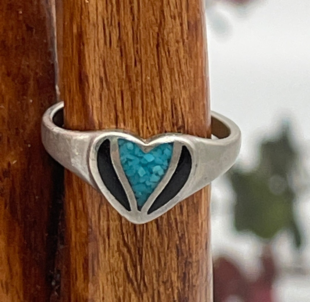 Vintage COP 89 Turquoise and Black Onyx Silver Heart Ring. - Etsy
