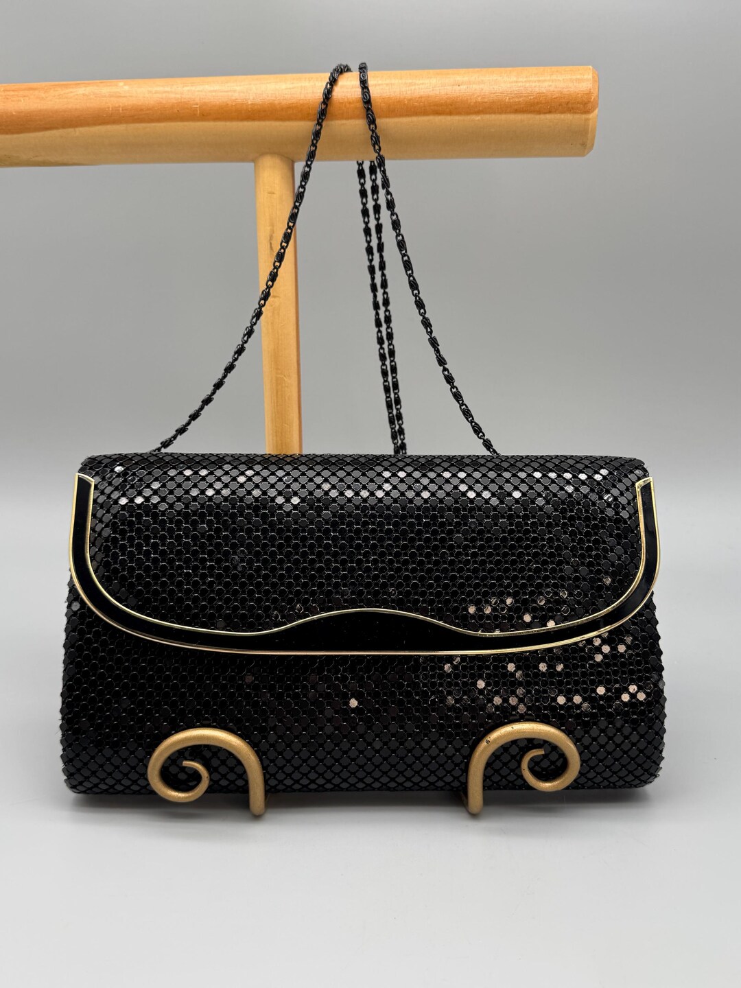 Vintage Black Metal Mesh Evening Bag With Gold Tone Accents, Circa 1970 ...