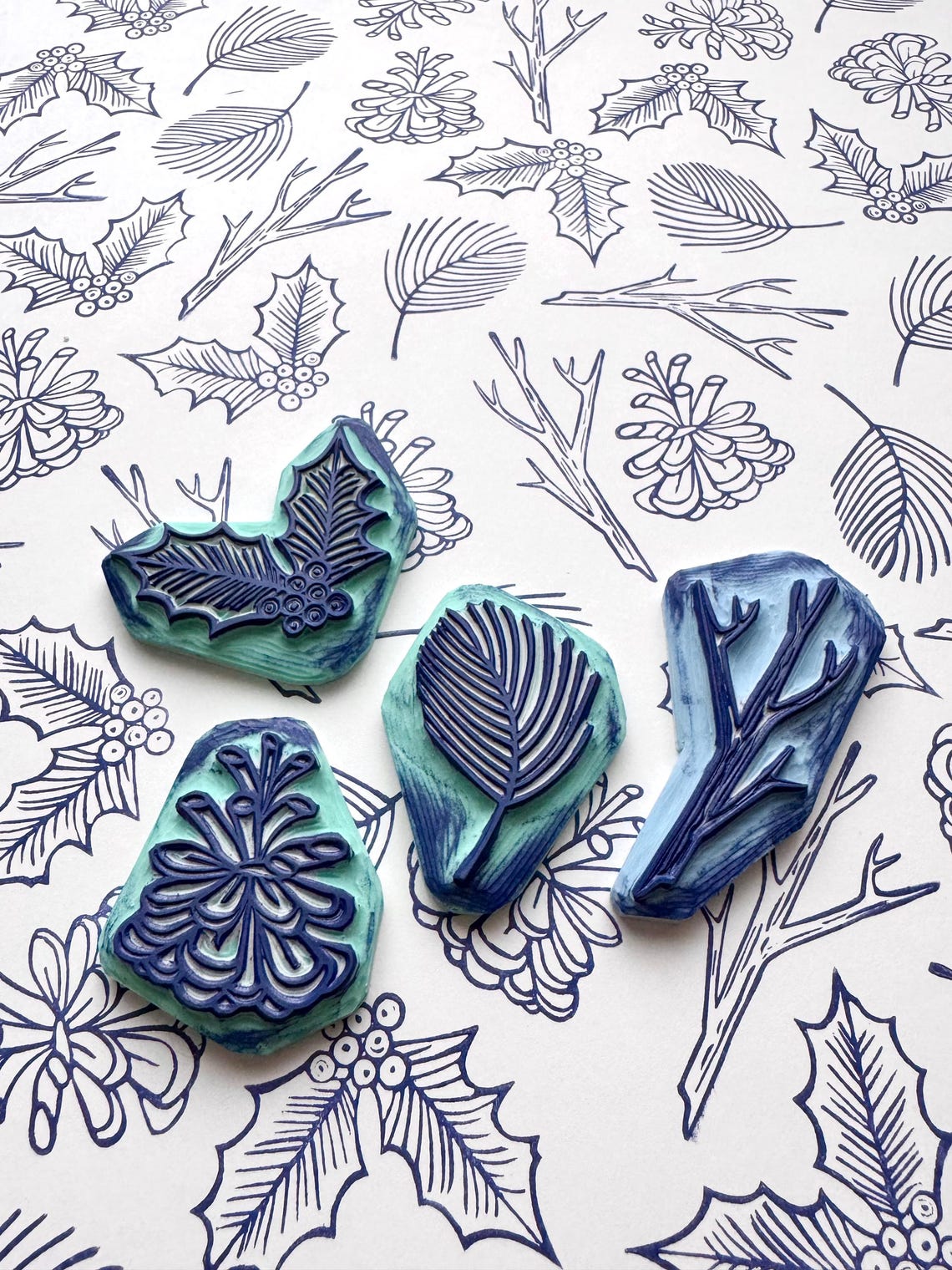 Christmas Stamps, Diy Holiday Cards, Holly Leaf Stamp, Pine Tree Branch ...