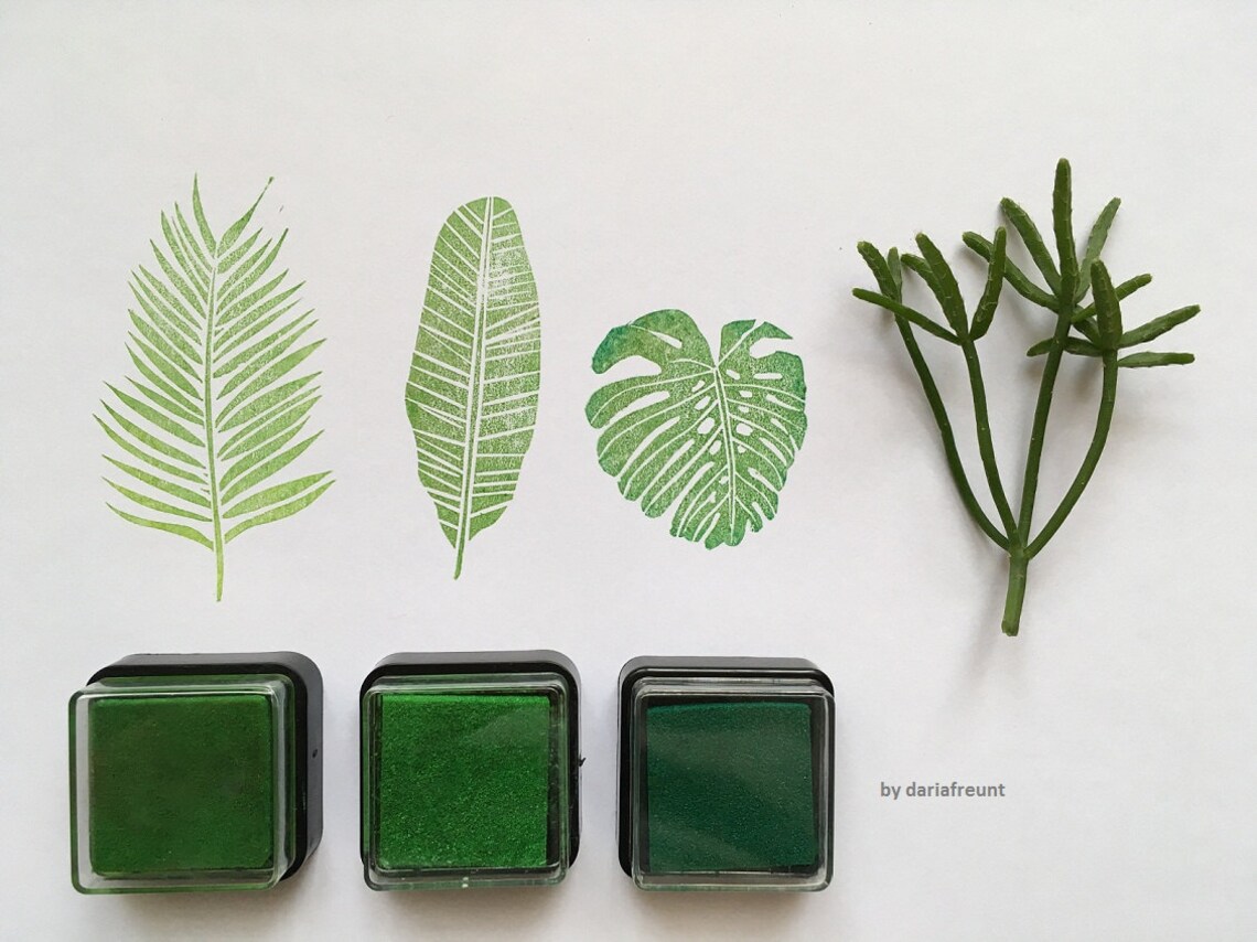 Palm Leaves Tropical Set of 3 Hand Carved Rubber Stamp MEDIUM Botanical ...