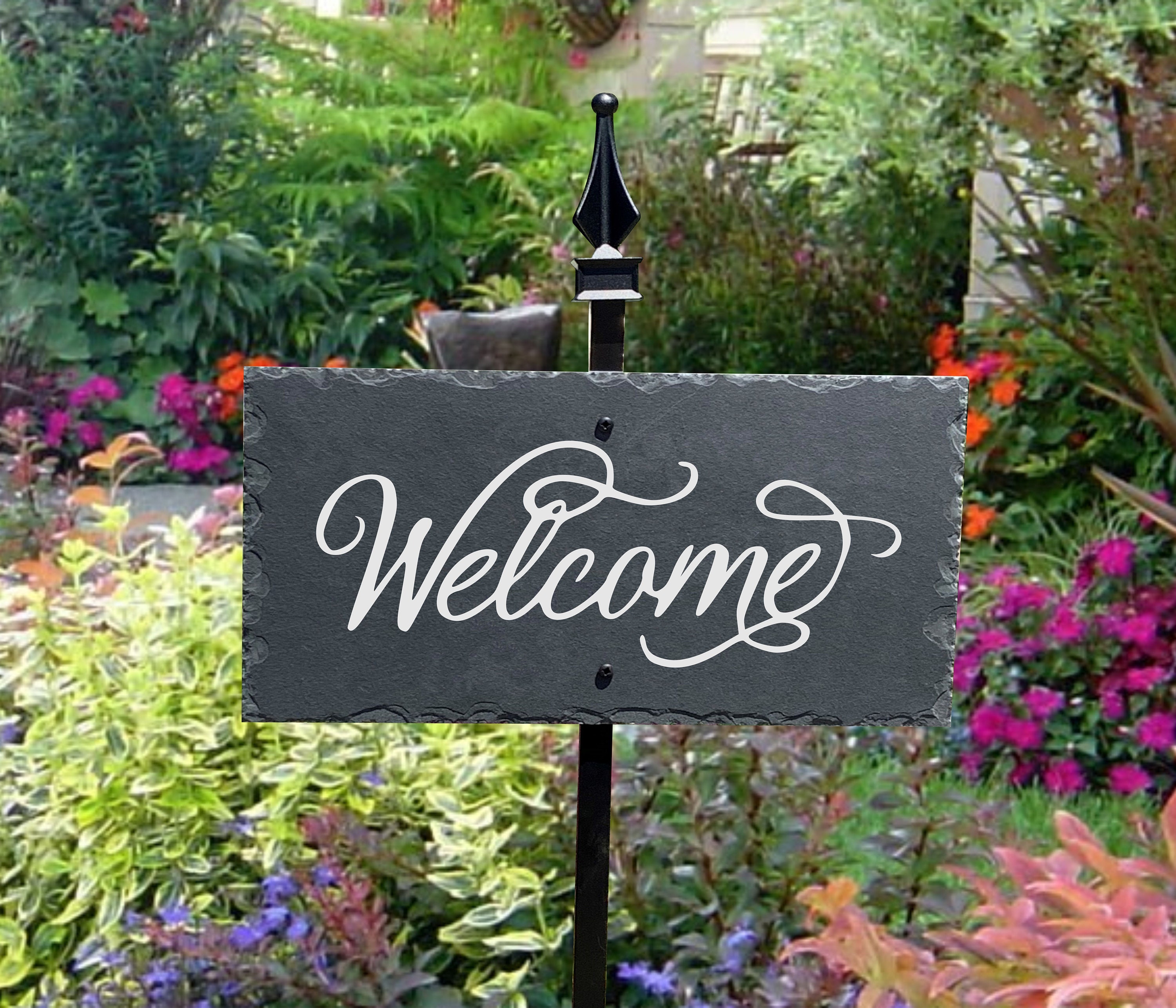 Welcome Slate Plaque Sign with Powder Coated Metal Lawn Stake | Etsy