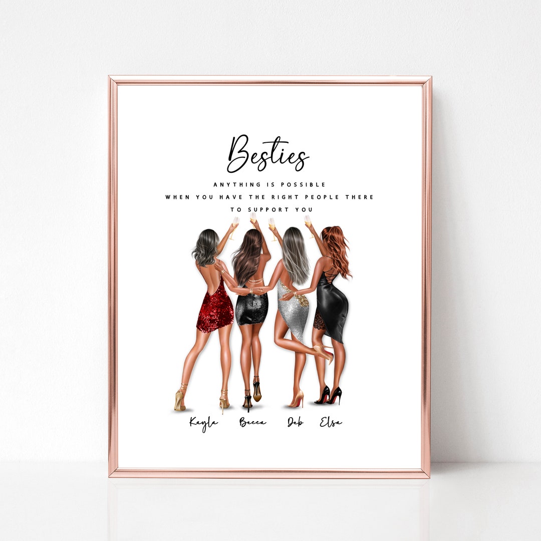 3-4 Best Friends Portrait Custom Print, Group of 3, 4 Friends Print ...