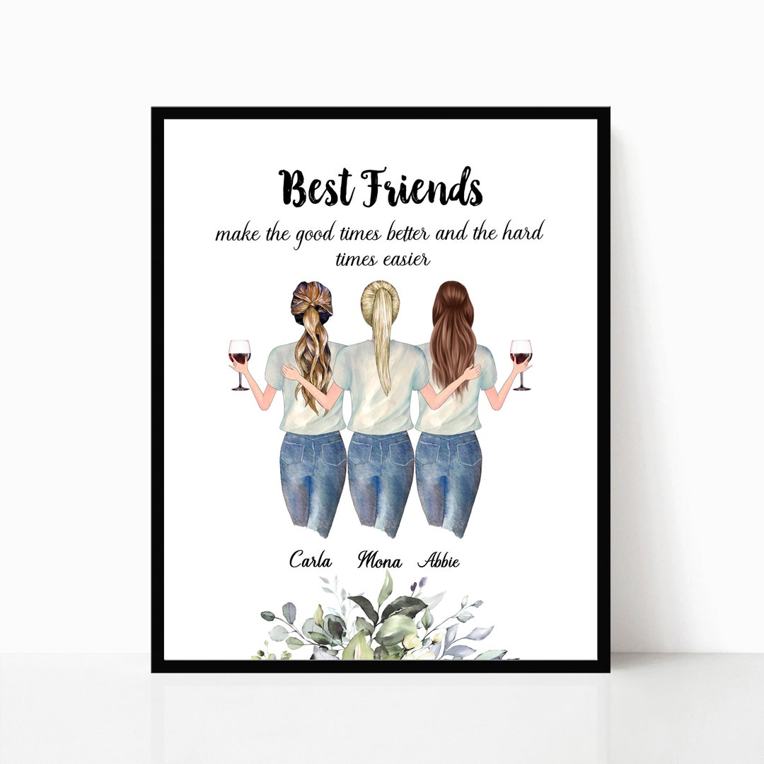 3 Friends Portrait Custom Print, Group of Friends Print Personalized, 3 ...