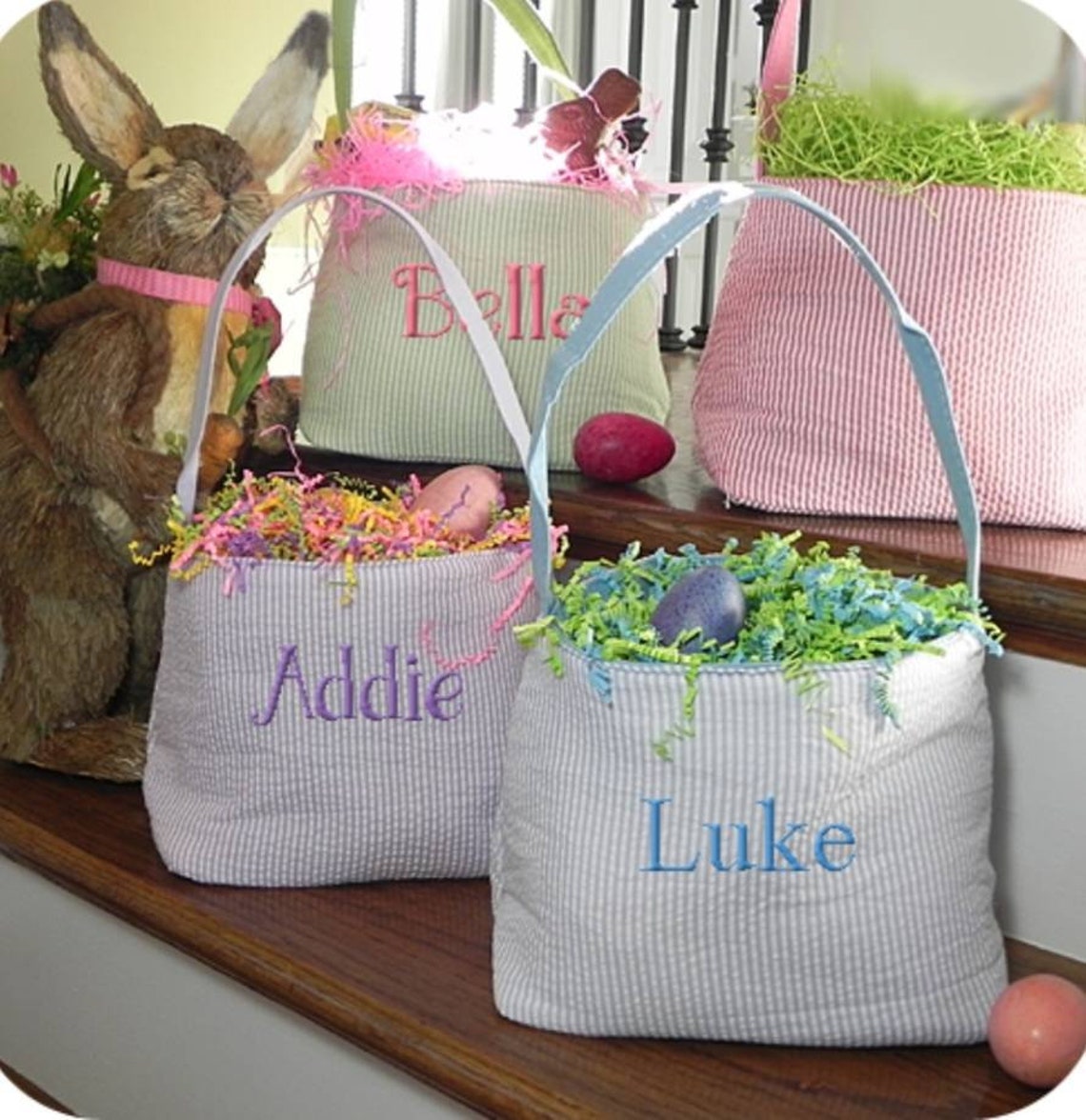 Personalized Easter Basket for Kids Seersucker Easter Bag for - Etsy