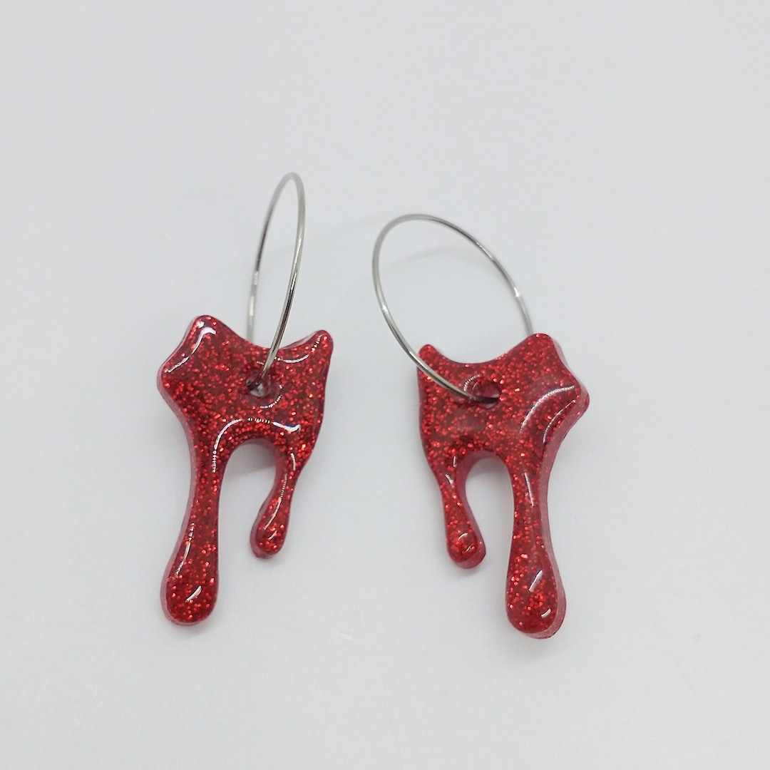 Blood Drip Hoop Earrings - Red Sparkle - Halloween Earrings, Spooky ...