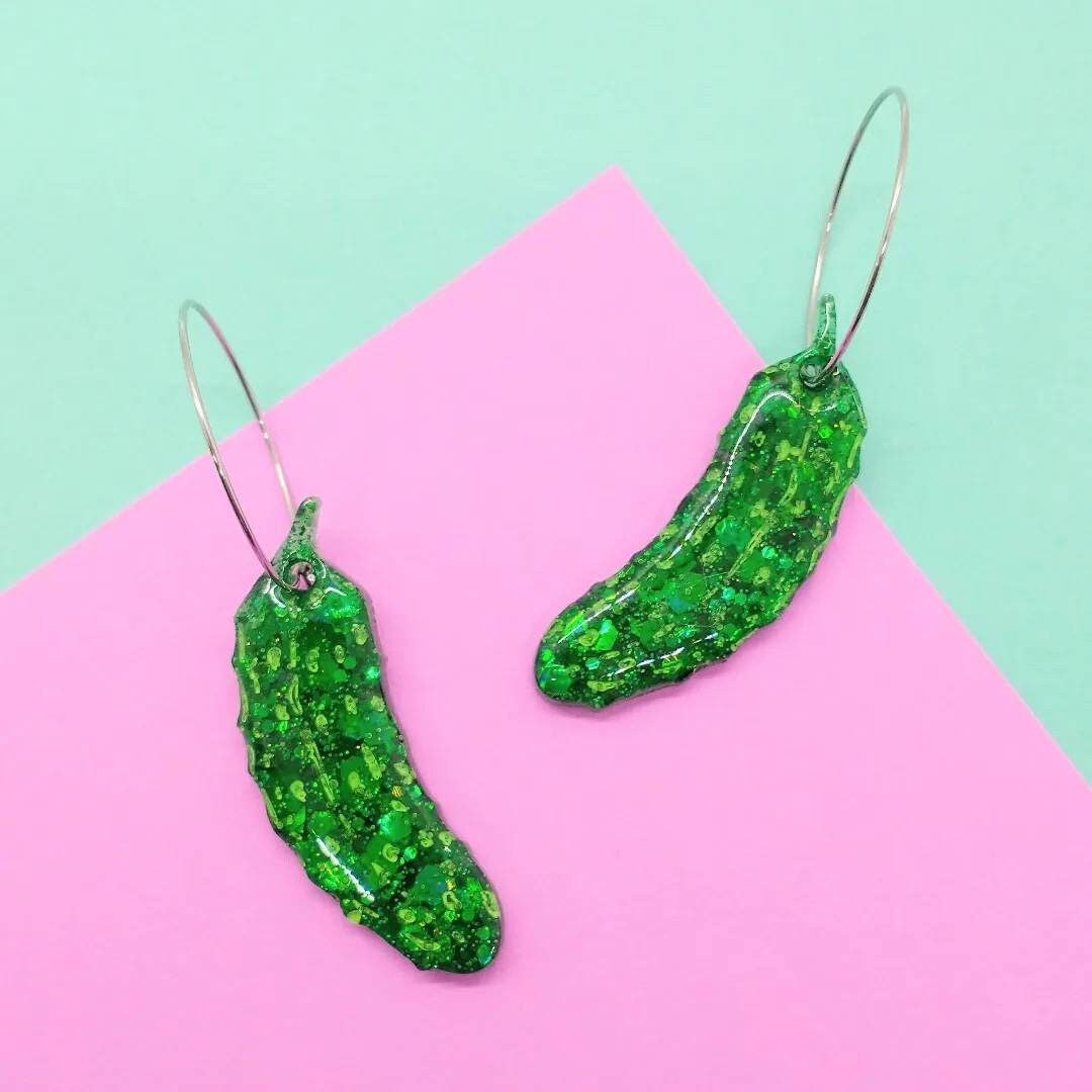 Pickle Hoop Earrings - Emerald Glitter - Food Lovers, Baby Dill ...