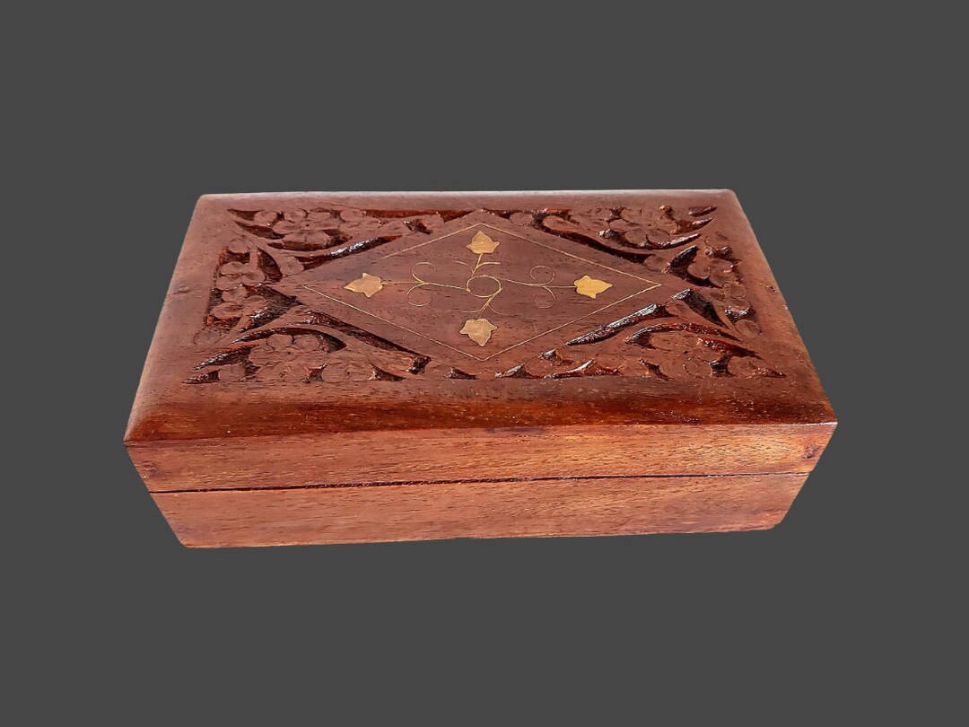 Antique Floral Wooden Keepsake Box With Brass Inlay - Vintage Rustic ...