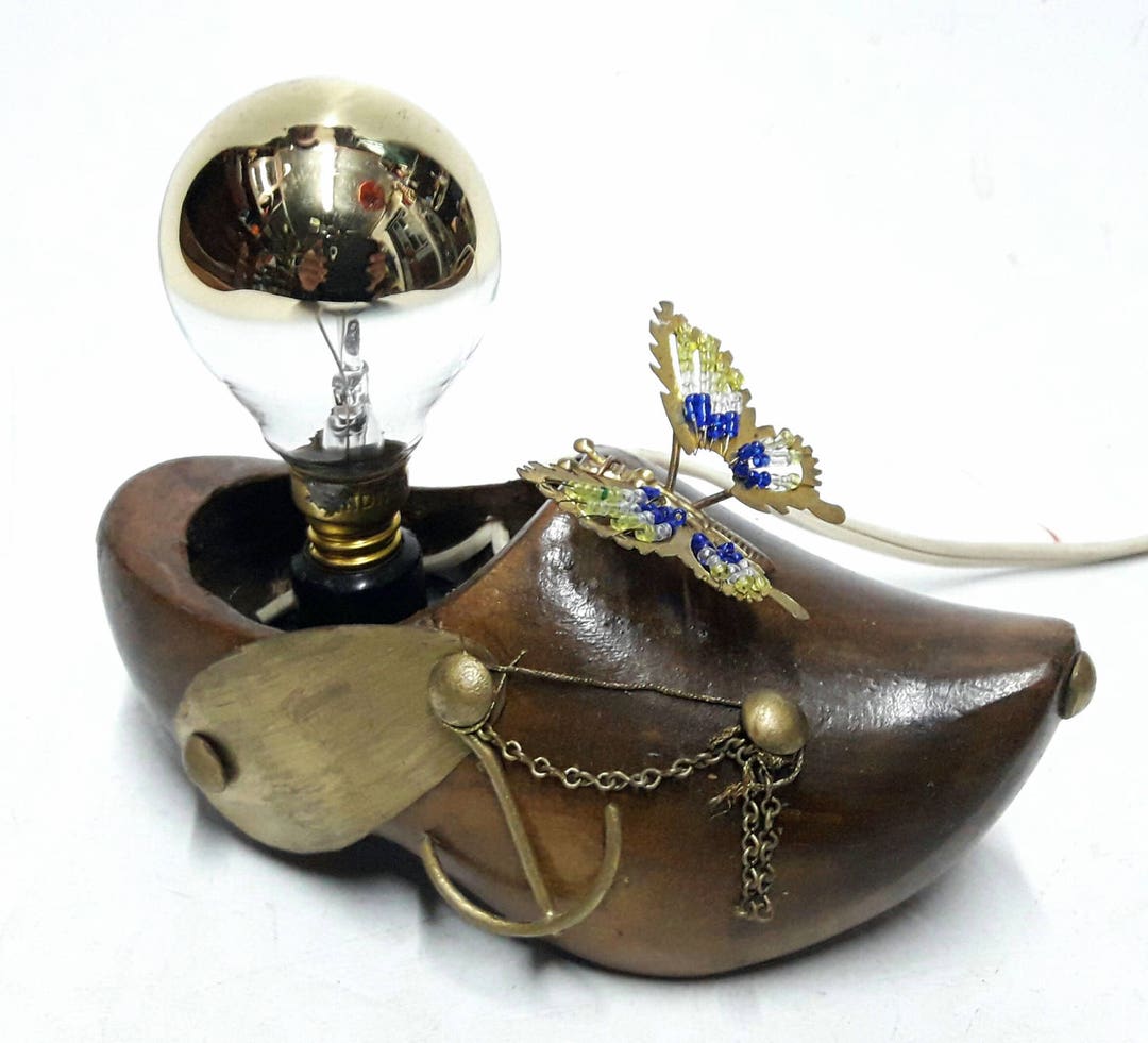 Vintage Wooden Clog Shoe Night Table Lamp Handcrafted and Decorated ...