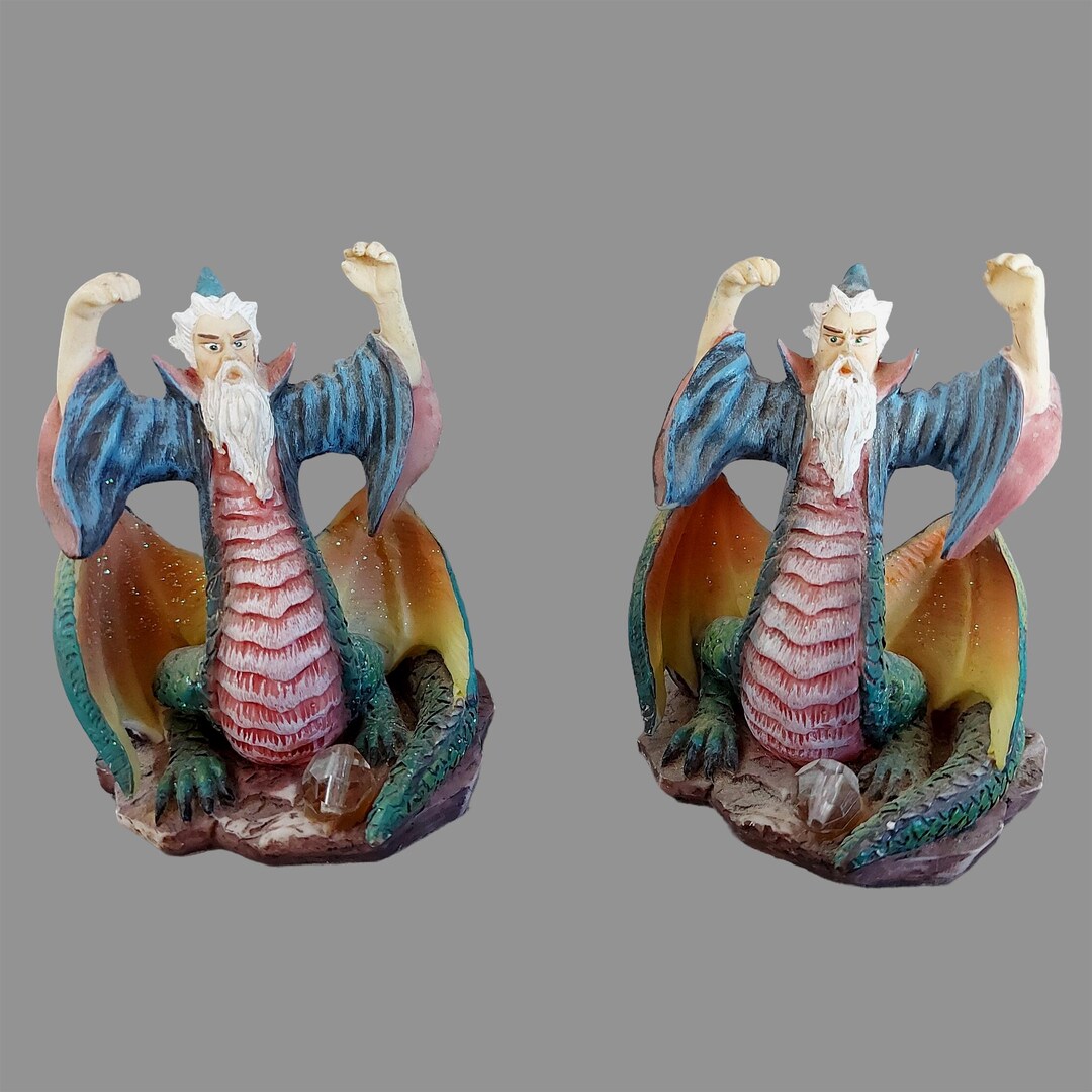 Vintage Merlin and Dragon Figurine Set: Hand-painted Resin Wizard Decor ...