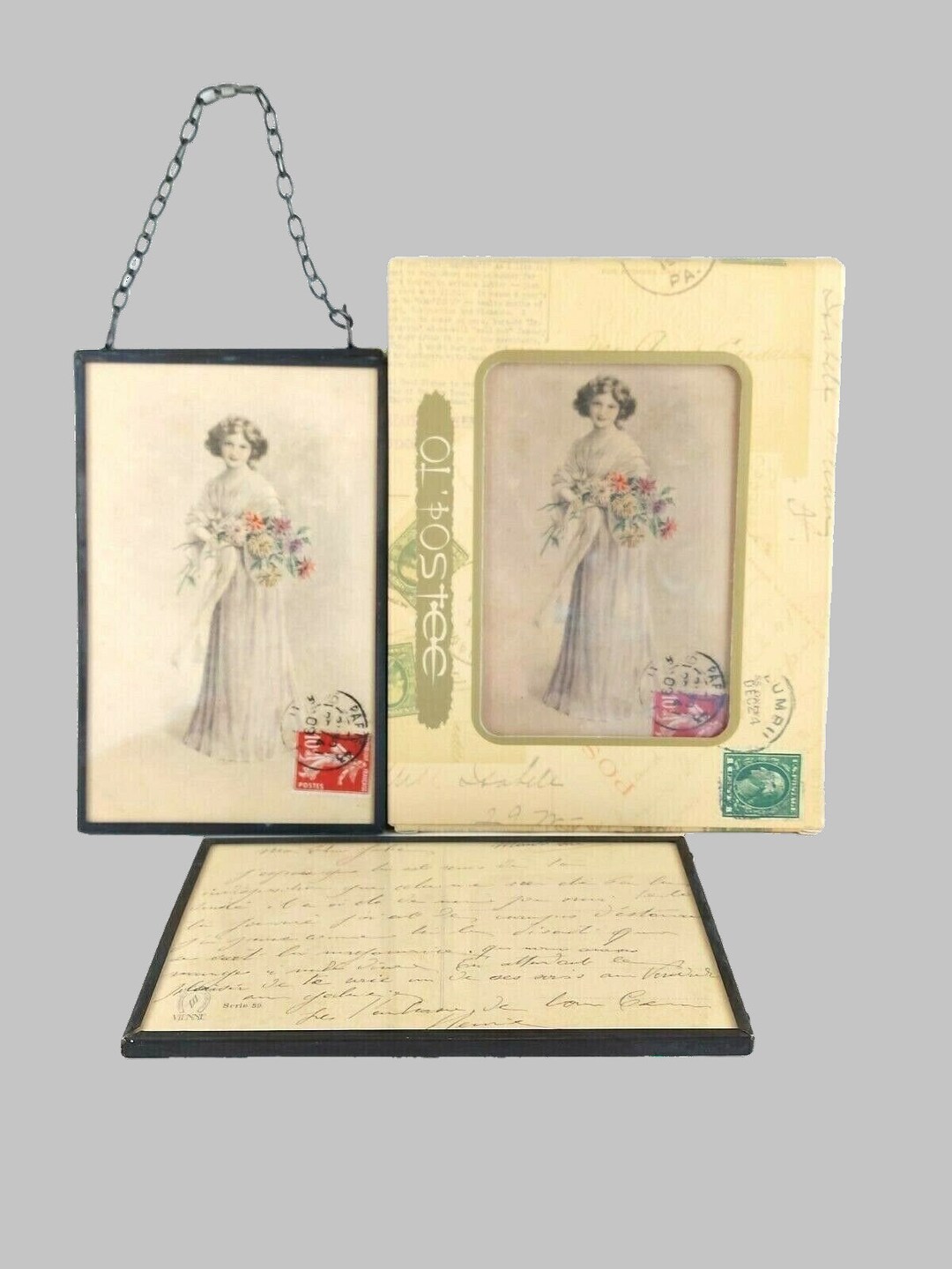 Metal Double Glass Frame Set of 2 With Antique Postcards Lady Wall ...