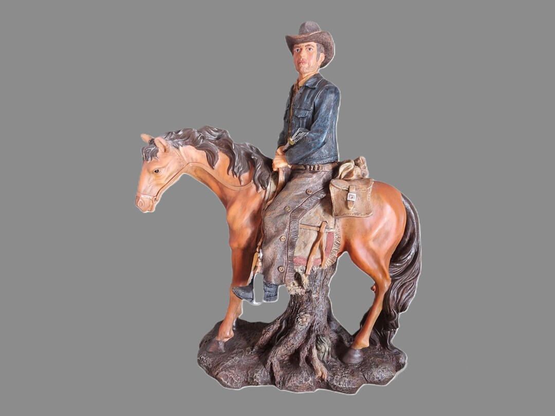 Vintage Resin Cowboy on Horseback Statue Galloping Frontier Rustic Home ...