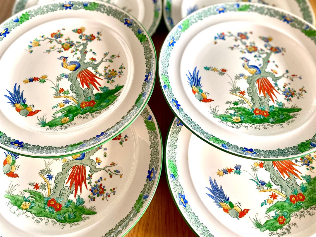 Spode Bermuda Salad Plates (set of 6): Transferware Exotic Bird Design ...