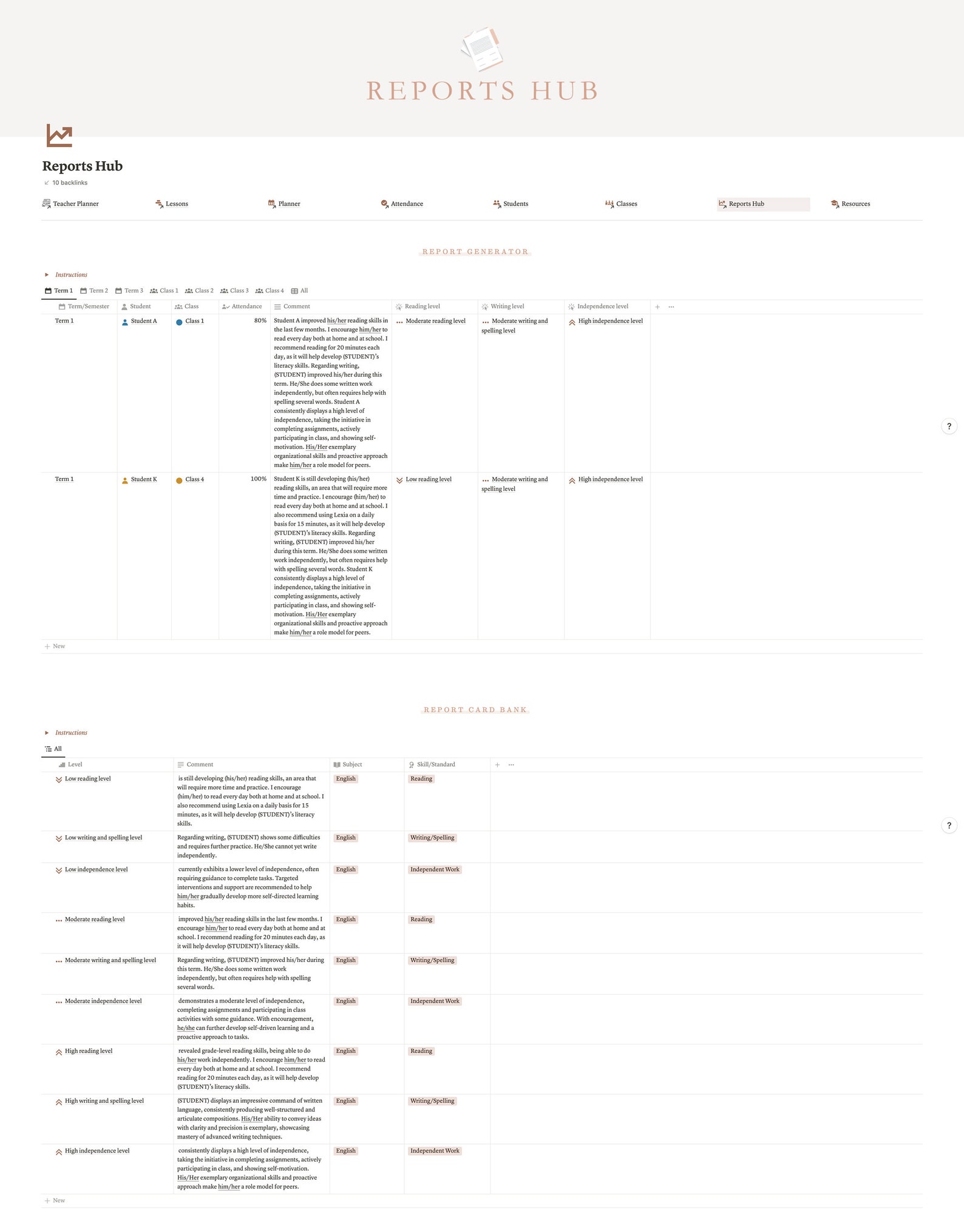 Teacher Planner Notion, Lesson Planner, Report Card Generator, Reusable ...