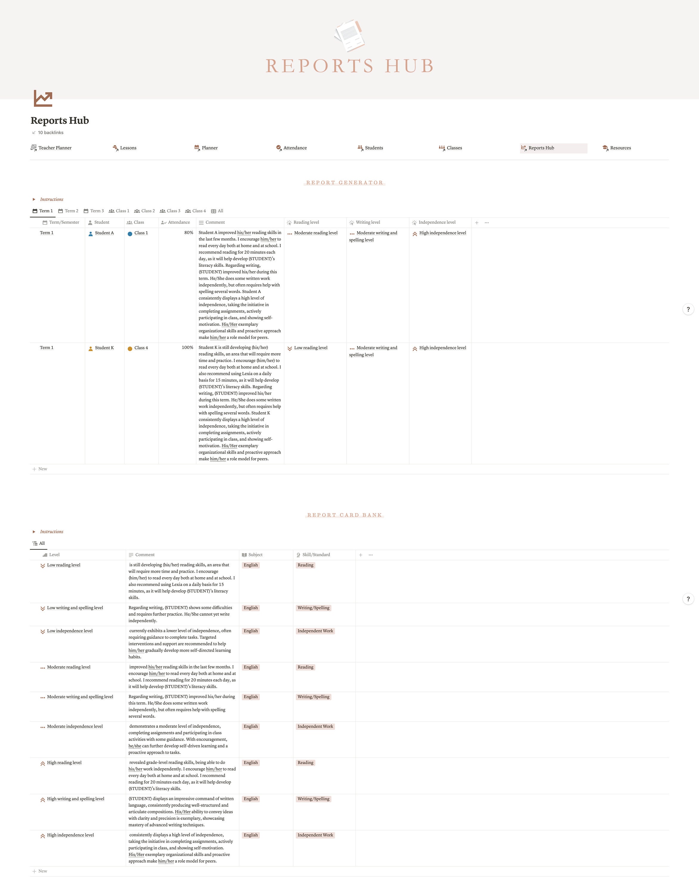 Teacher Planner Notion, Lesson Planner, Report Card Generator, Reusable ...
