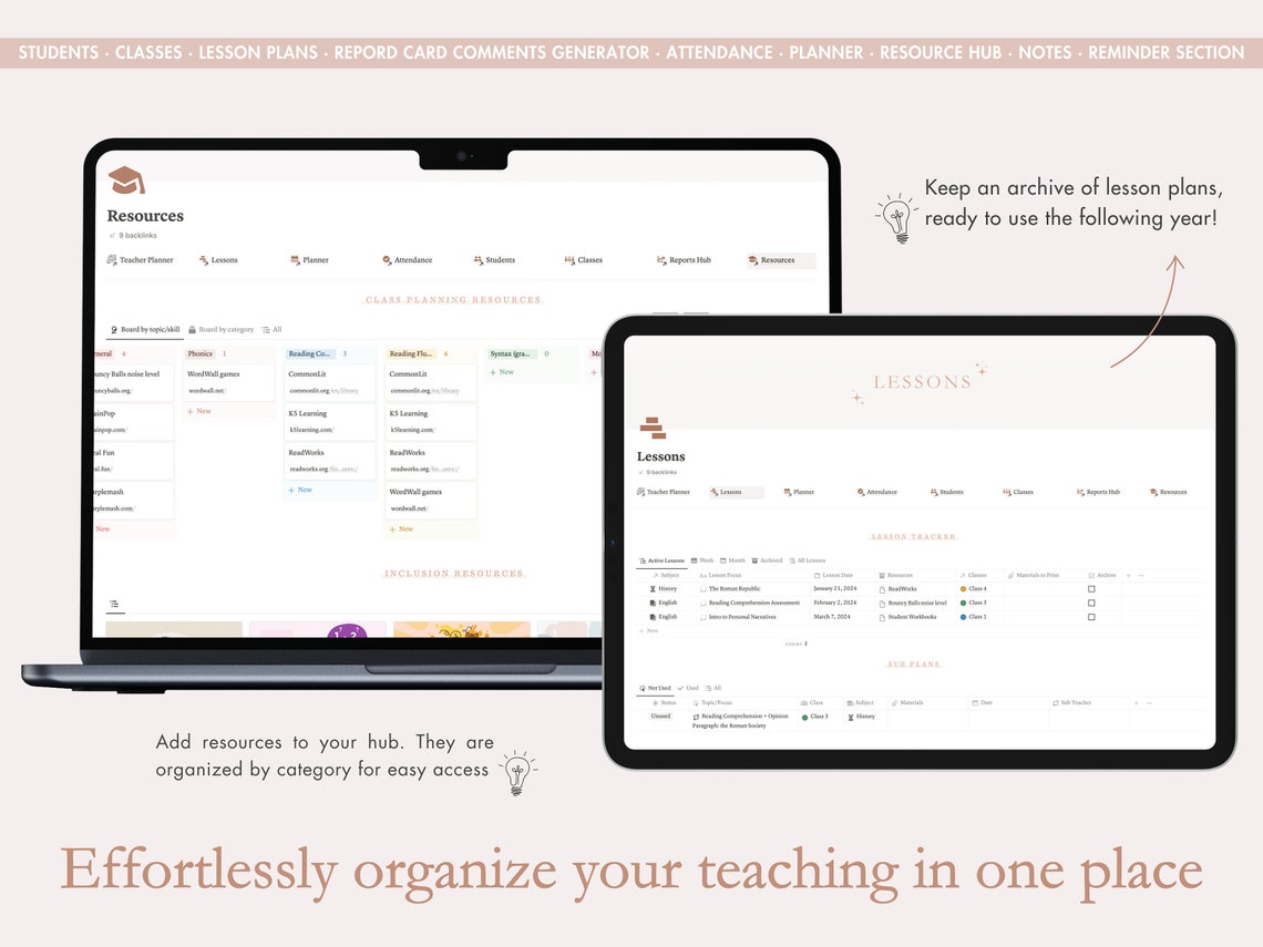 Teacher Planner Notion, Lesson Planner, Report Card Generator, Reusable ...