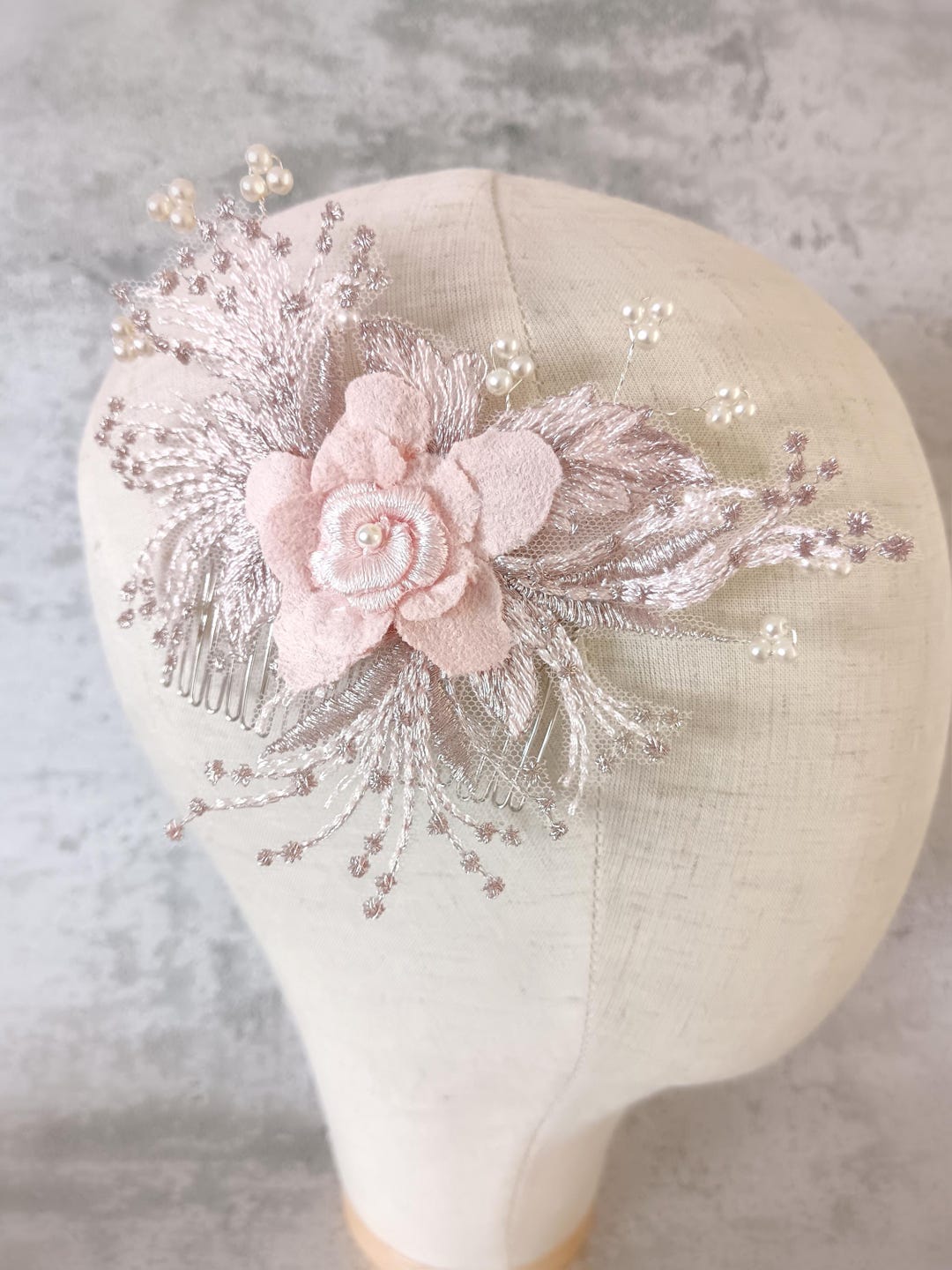 Pink and Ivory Embroidered Floral Lace Hair Comb Lace and Pearls Bridal ...
