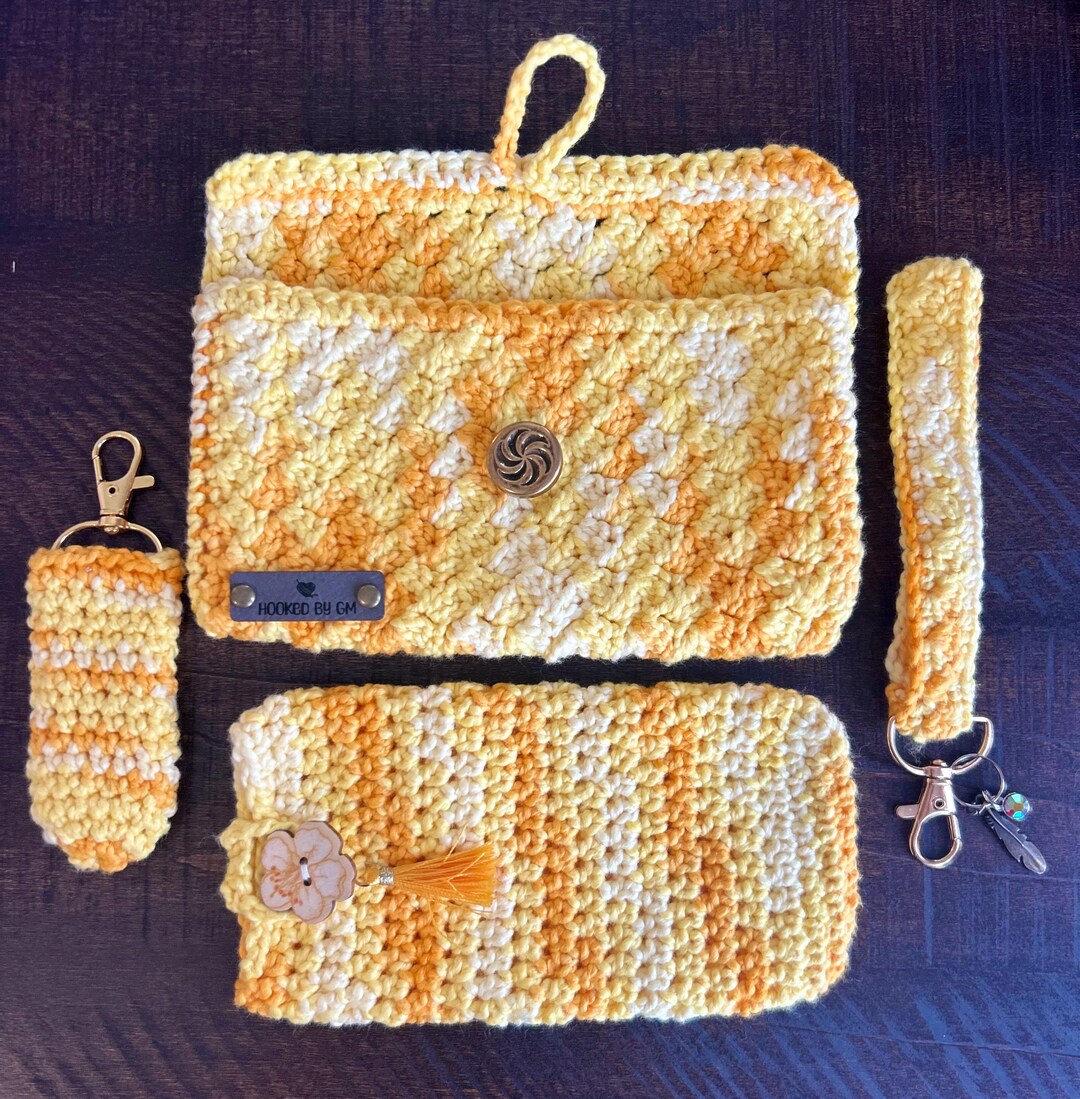 Yellow Crochet Gift Set 4 Piece Bundle Pouch Glasses Sleeve Wristlet ...