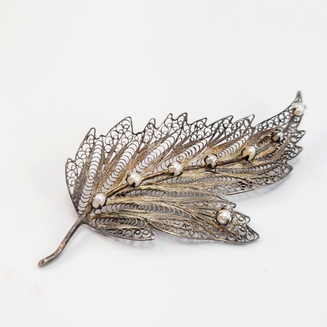 Antique Sterling Filigree Leaf / Feather Brooch W Real Pearls - Etsy