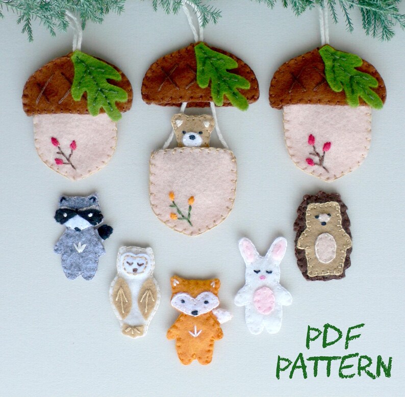 Set of 6 Tiny Woodland Animals in Acorn Felt Ornament Sewing Patterns ...