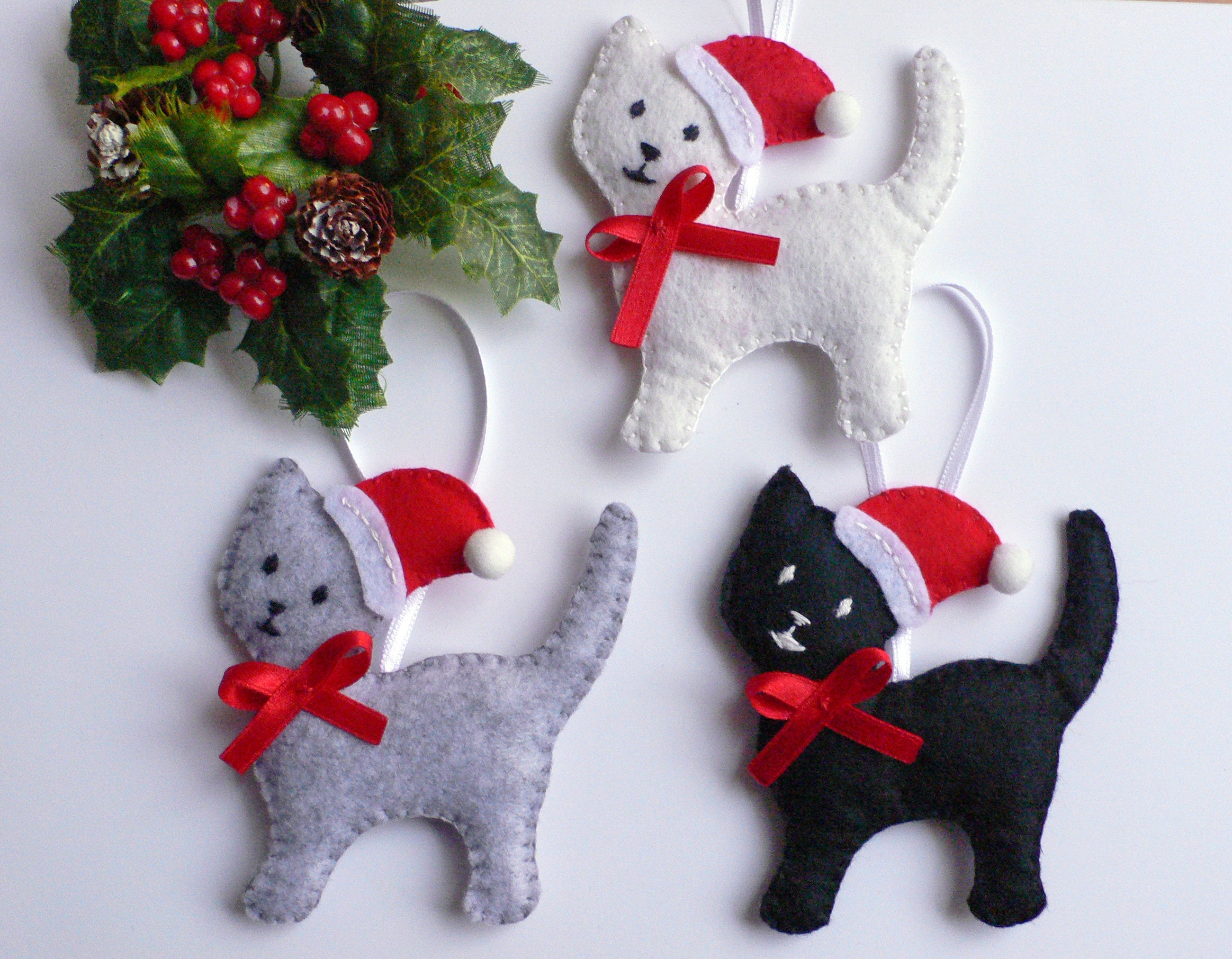 Set of 3 Felt Cat Christmas Tree Ornaments Handmade Felt - Etsy