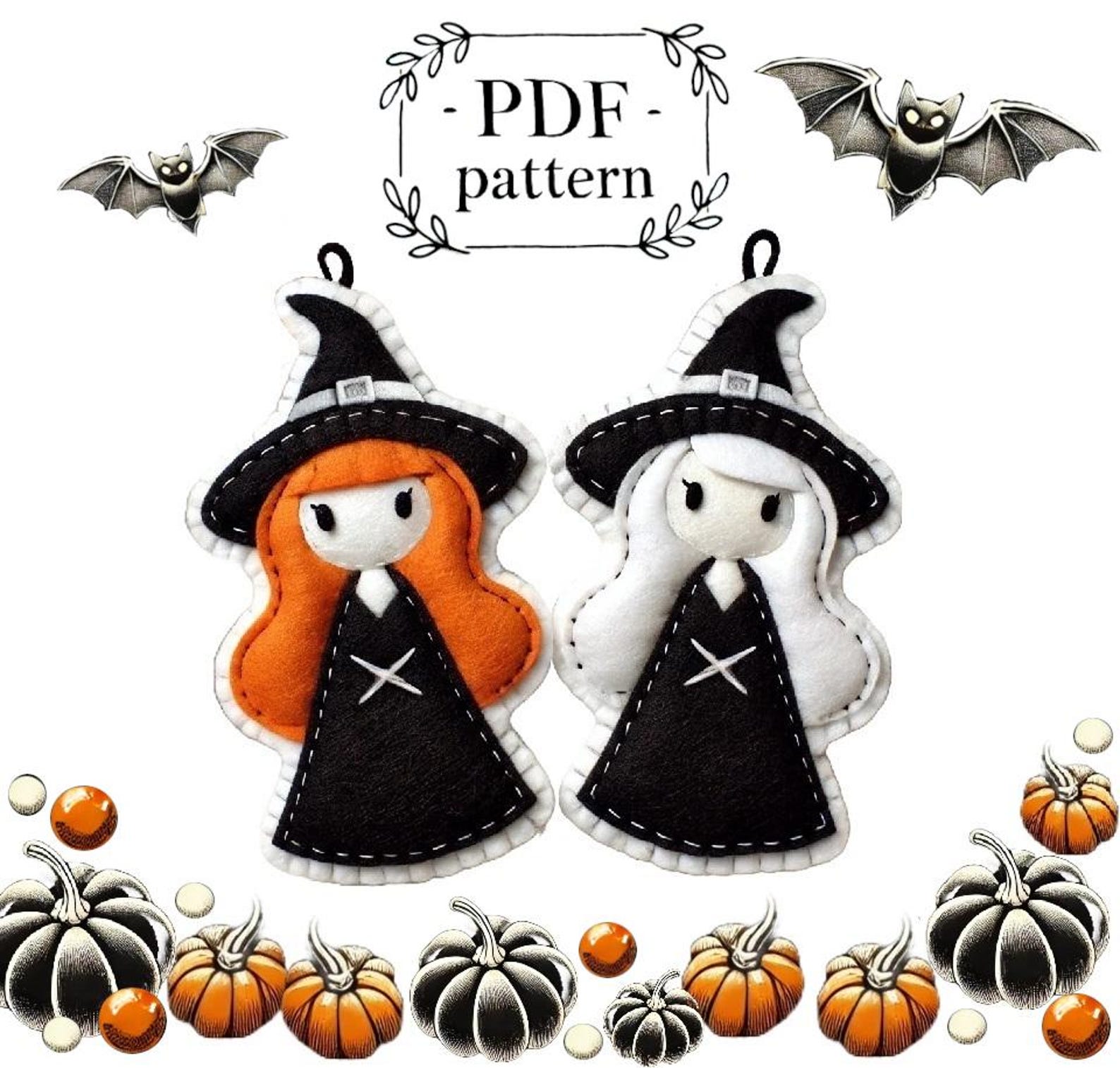 Felt Witches PDF Pattern and Tutorial, Sewing Craft, Halloween Witch ...