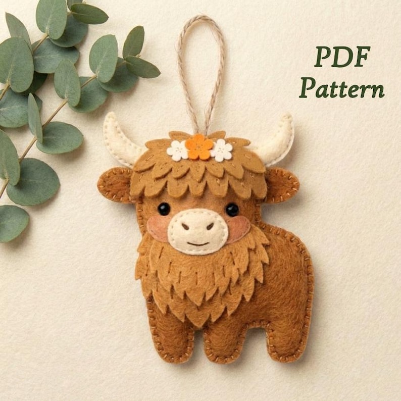 Felt Highland Cow Ornament Pattern, Cute Cow Sewing PDF Tutorial, Felt ...