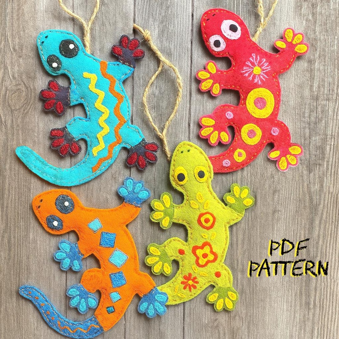Felt Gecko Ornament Pattern Set of 4, PDF Sewing Tutorial for Colorful ...