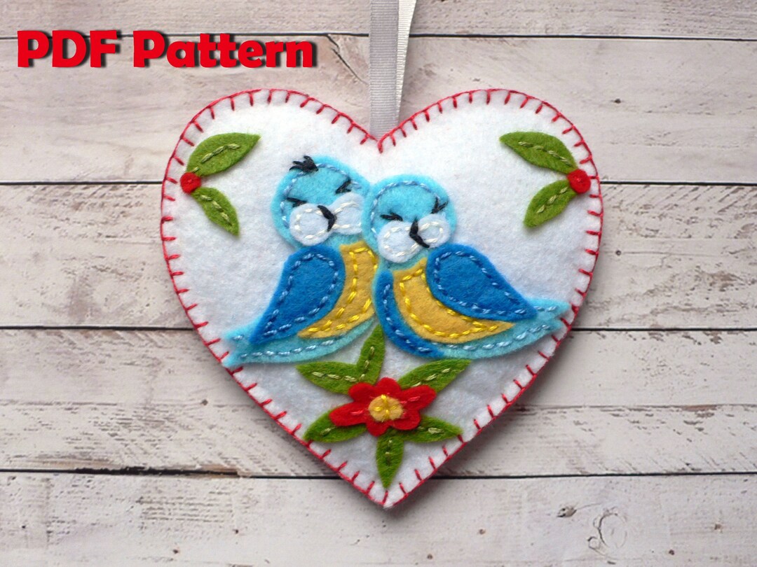 Pdf Sewing Pattern Felt Heart With Birds - Felt Ornament Easy Sewing ...