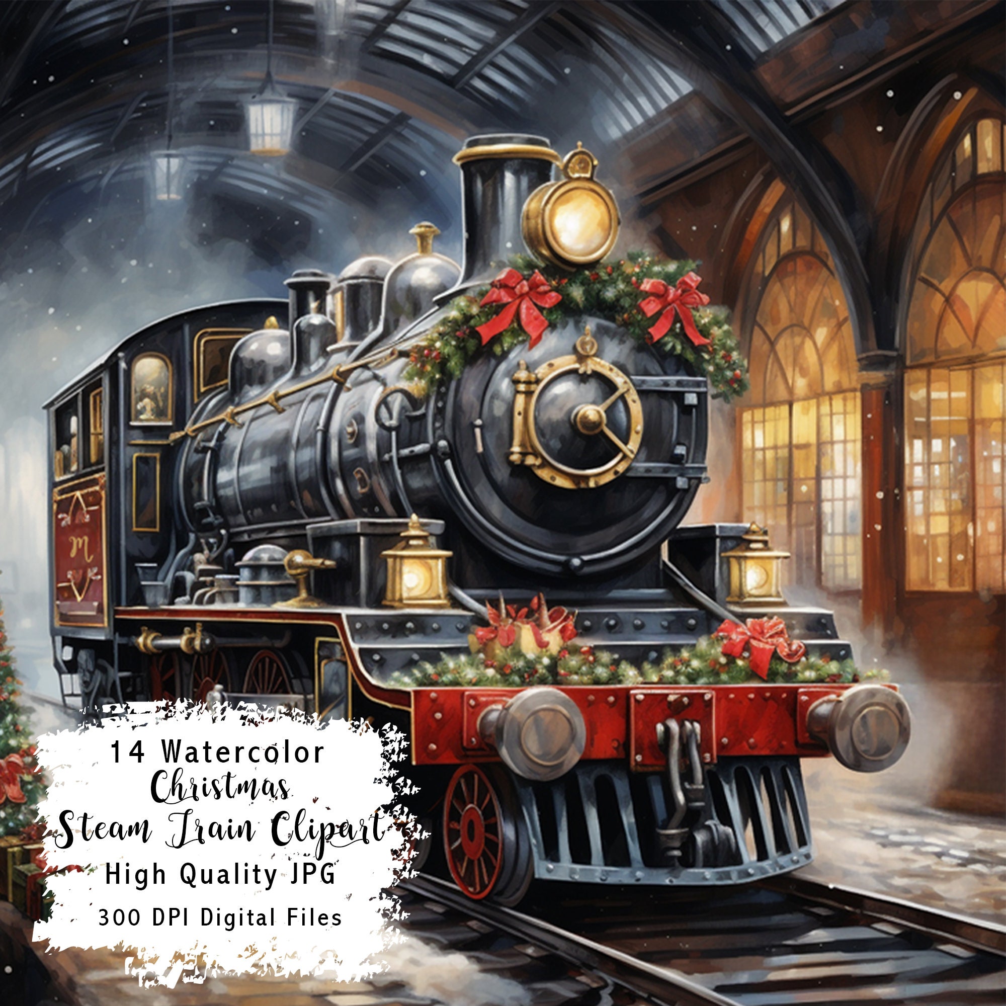 Christmas Train Station Locomotive Digital Art Watercolor Clipart 14 ...