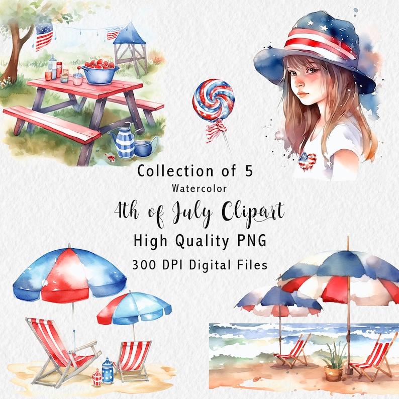 Watercolor Fourth of July Clipart - 5 Digital Graphics for Instant ...