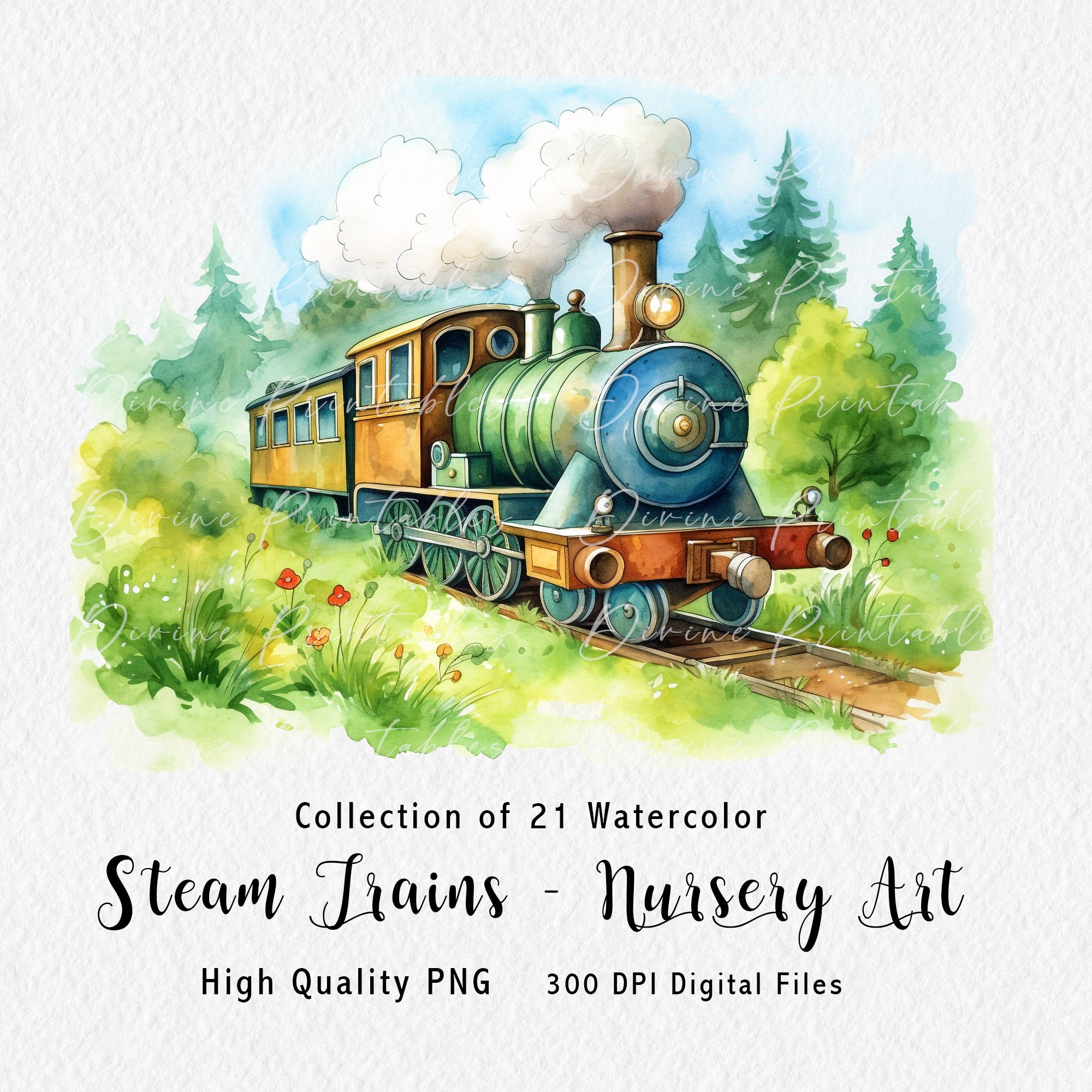 Steam Trains - Digital Art - Locomotive Watercolor Clipart - 21 Digital ...