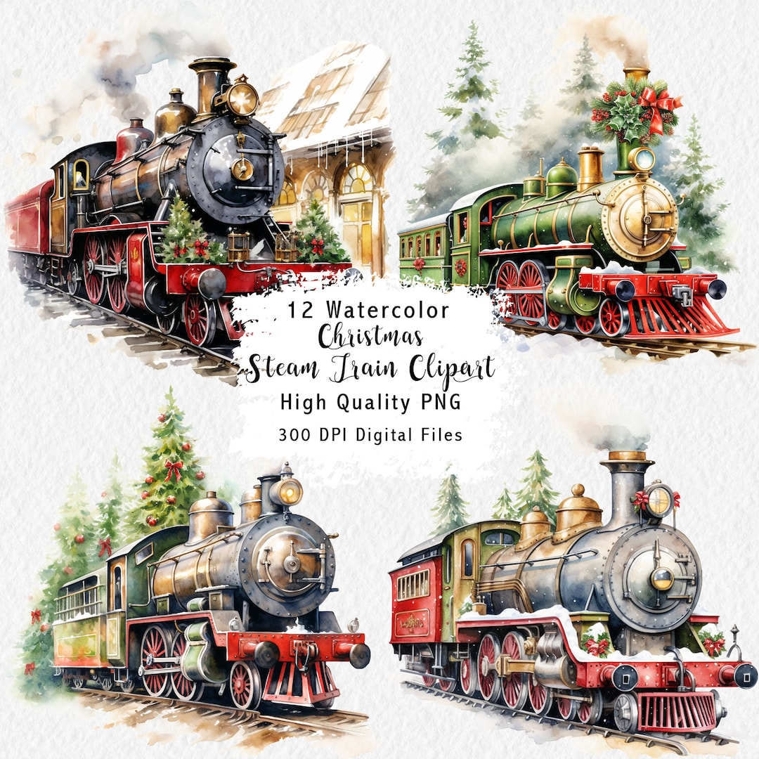 Christmas Steam Trains - Digital Art - Locomotive Watercolor Clipart ...